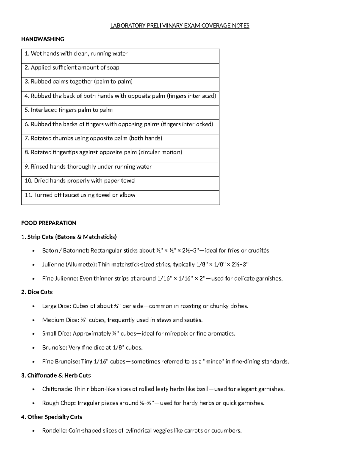 Laboratory Preliminary Exam Coverage Notes: Handwashing & Food Prep ...