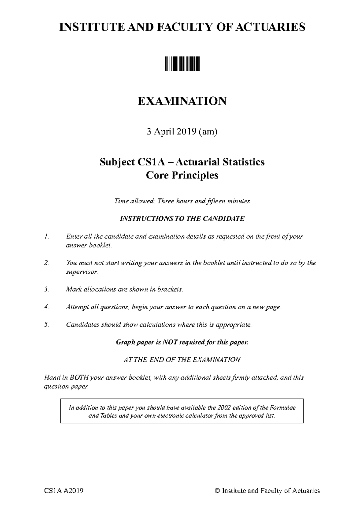 I&F CS1A 2019 April Exam Paper: Actuarial Statistics Principles - Studocu