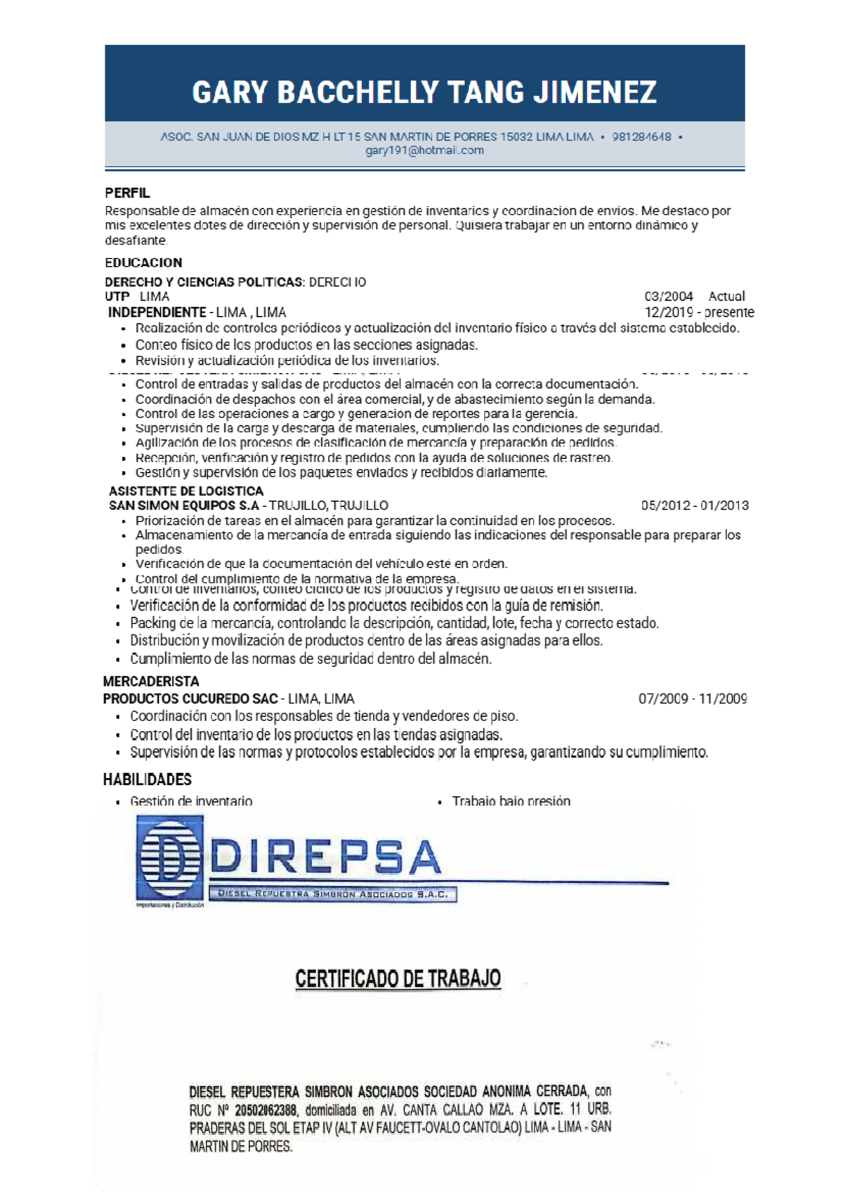 CV de Gary Bacchelly Tang Jimenez - Perfil Profesional y Experiencia ...