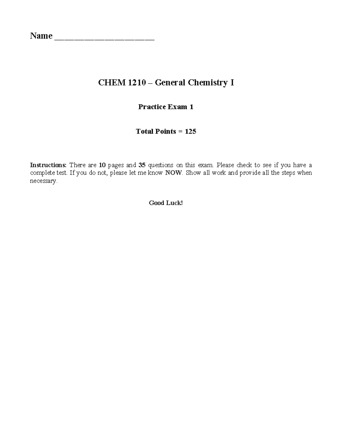CHEM 1210 General Chemistry I Practice Exam 1 Questions & Solutions ...