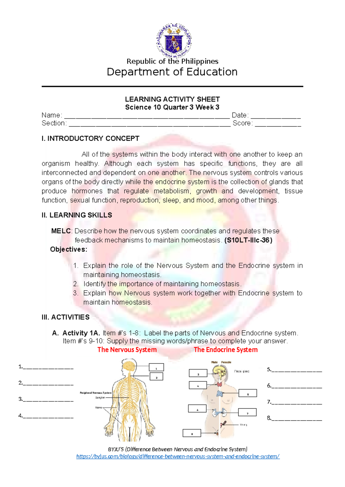 Science 10 Q3 LAS: Nervous & Endocrine Systems in Homeostasis - Studocu
