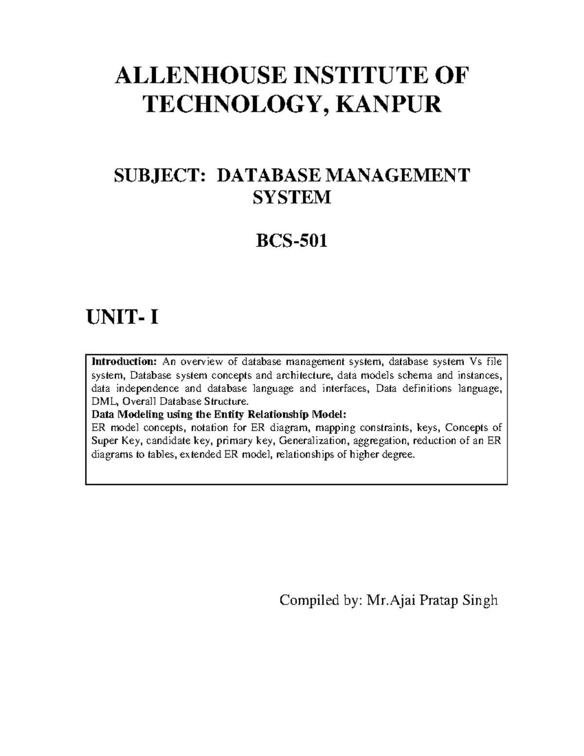 DBMS UNIT-1: Comprehensive Overview and Key Concepts - Studocu