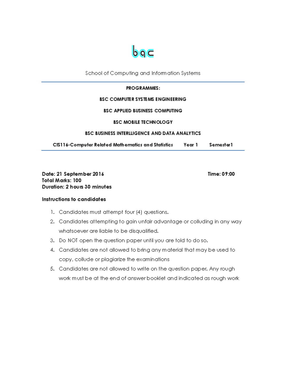 BSC Computer Systems Engineering: Math & Stats Exam - Sept 2016 - Studocu