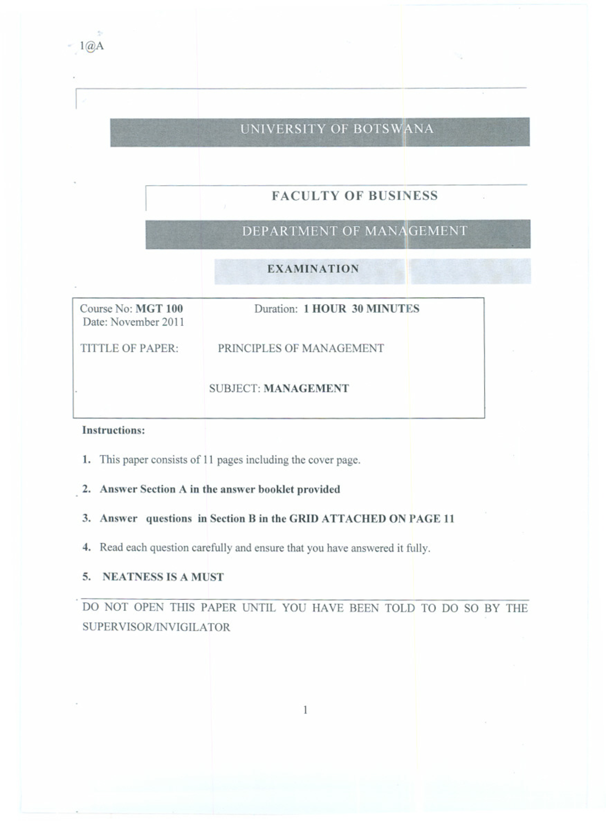 MGT 100 Principles of Management Past Exam Paper - Nov 2011 - Studocu