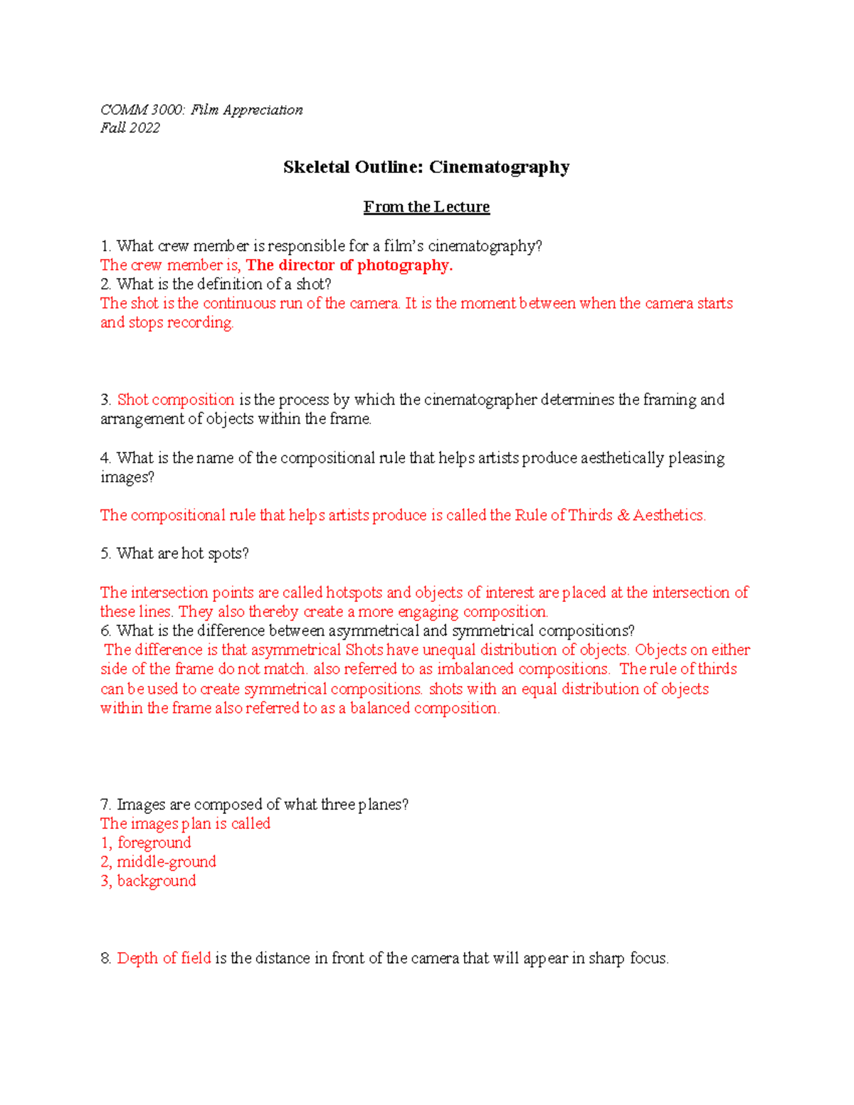 Quiz 3 - Cinematography Concepts for COMM 3000 - Studocu