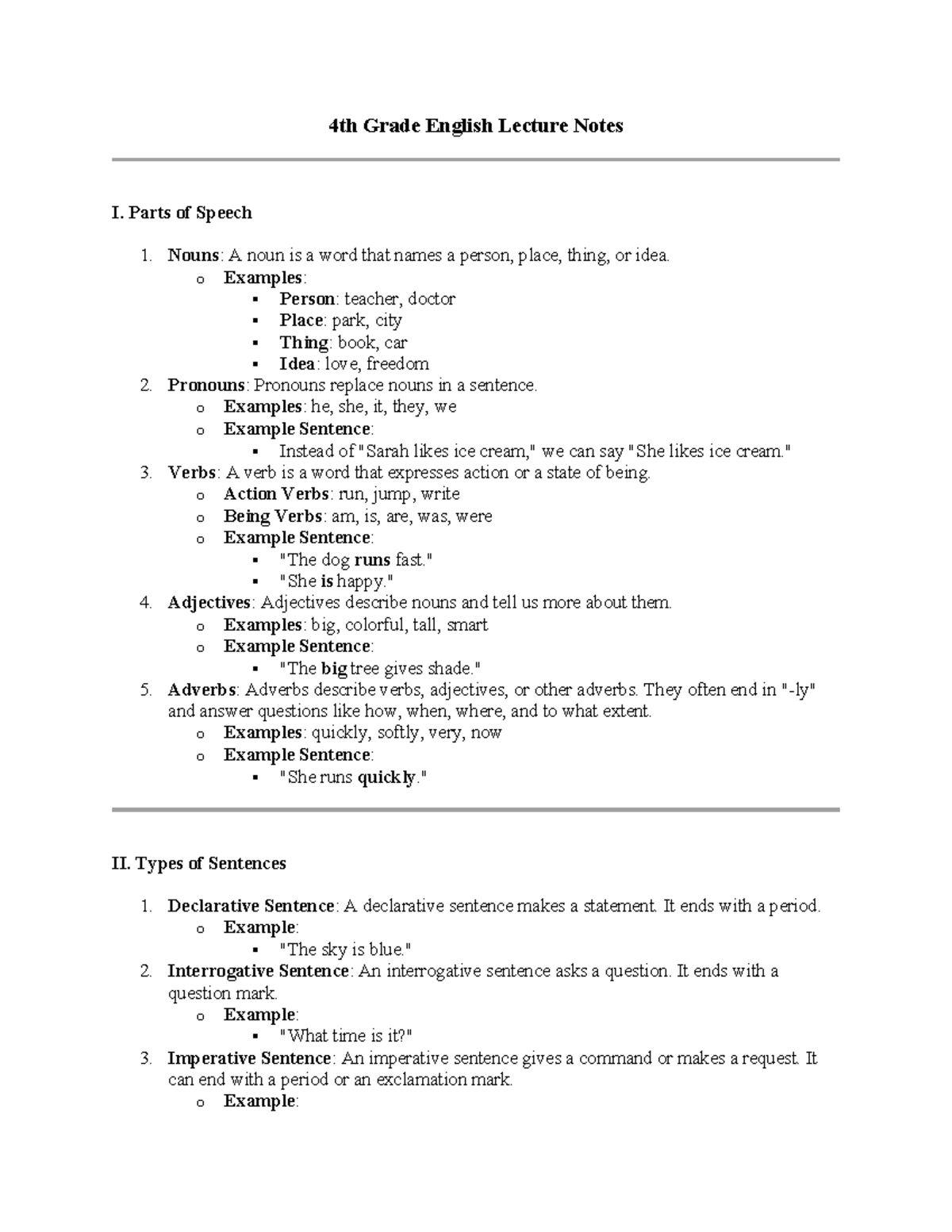 4th Grade English Lecture Notes on Parts of Speech & Sentences - Studocu