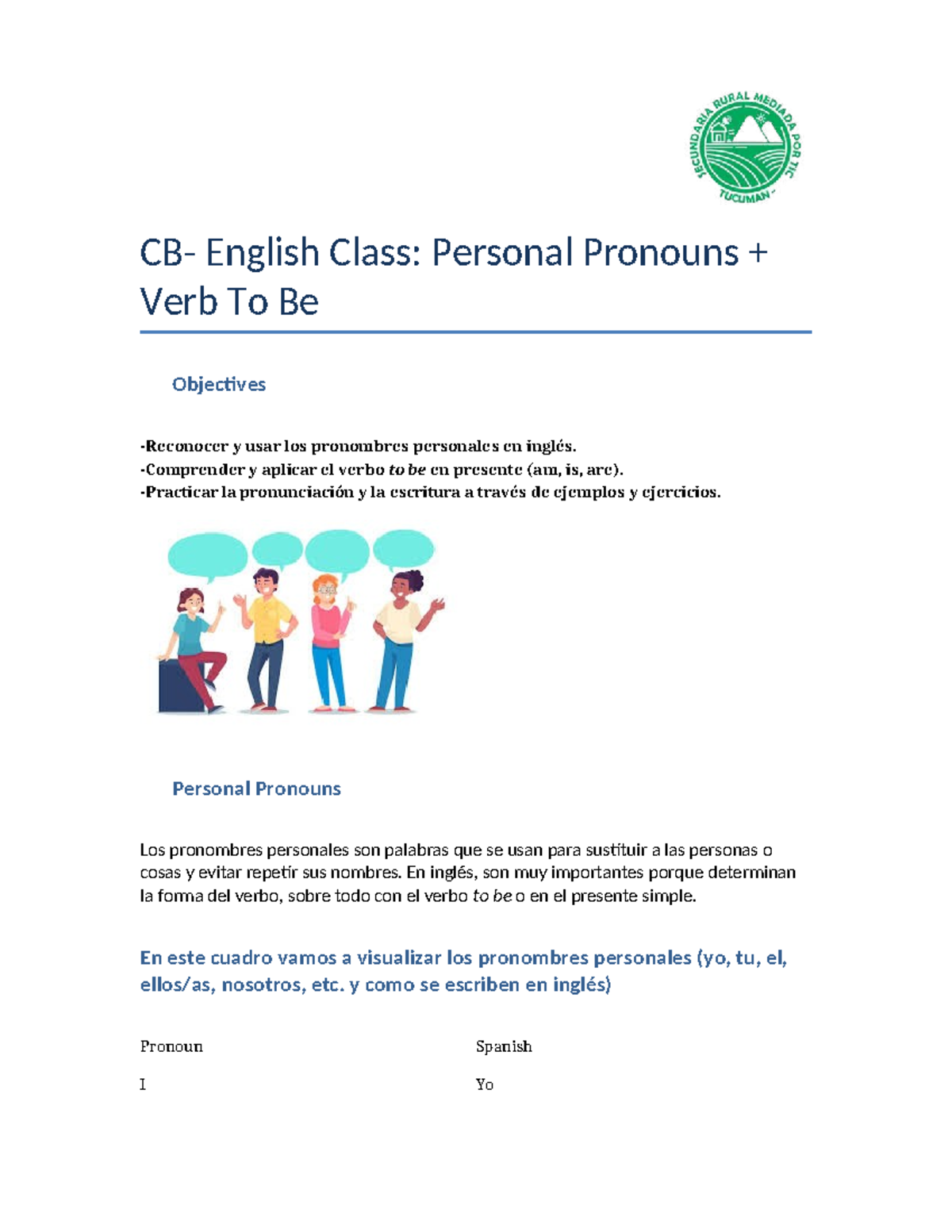 CB-ENG 101: Personal Pronouns & Verb To Be Objectives - Studocu