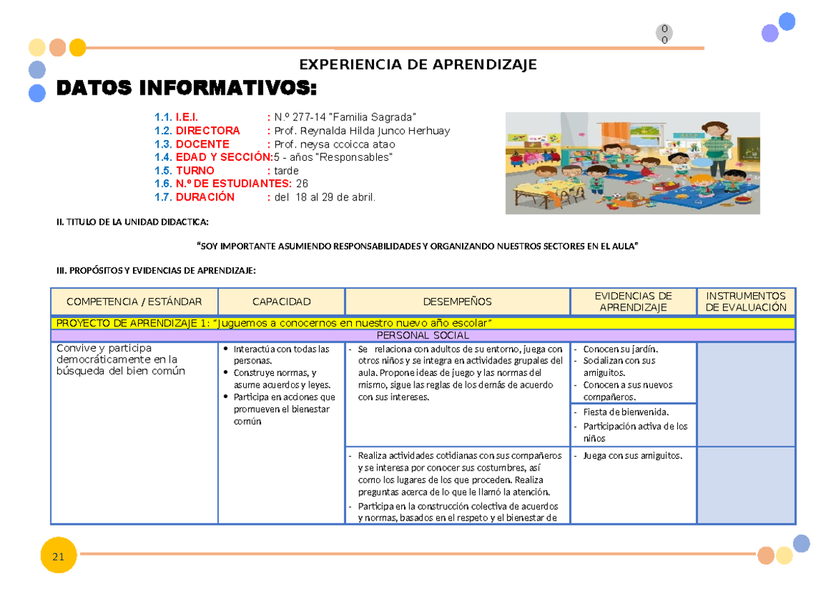 Experiencia de Aprendizaje 1: Organización y Responsabilidad en el Aula ...