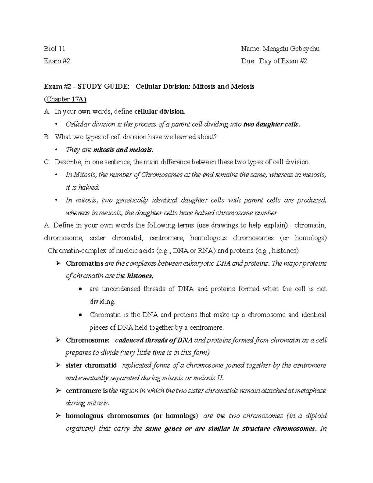 Biol 11 Exam 2 Study Guide: Cellular Division and Genetics (Ch 17A ...