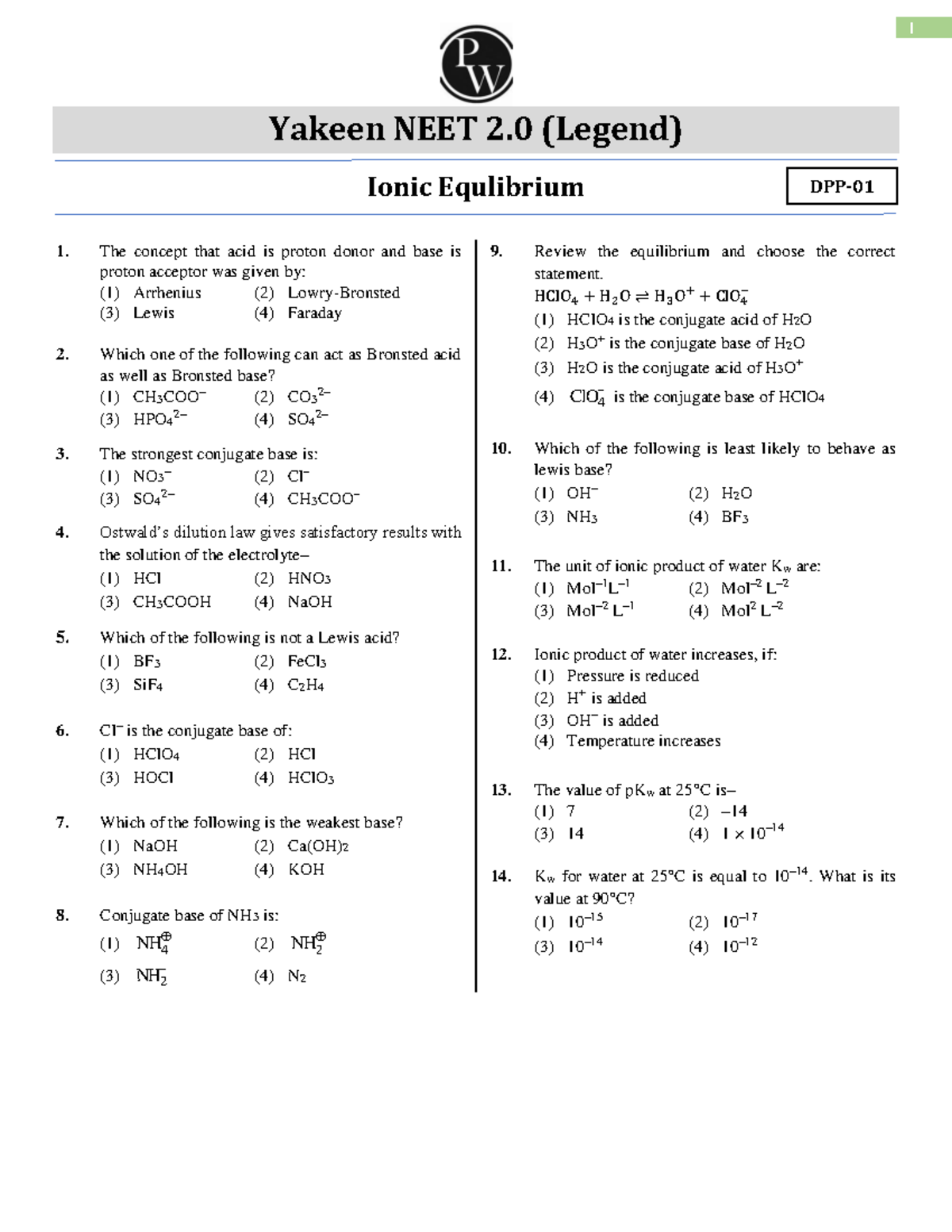 Ionic Equilibrium DPP 01(of Lec-02) Yakeen 2.0 2024 (Legend) - 1 Yakeen ...