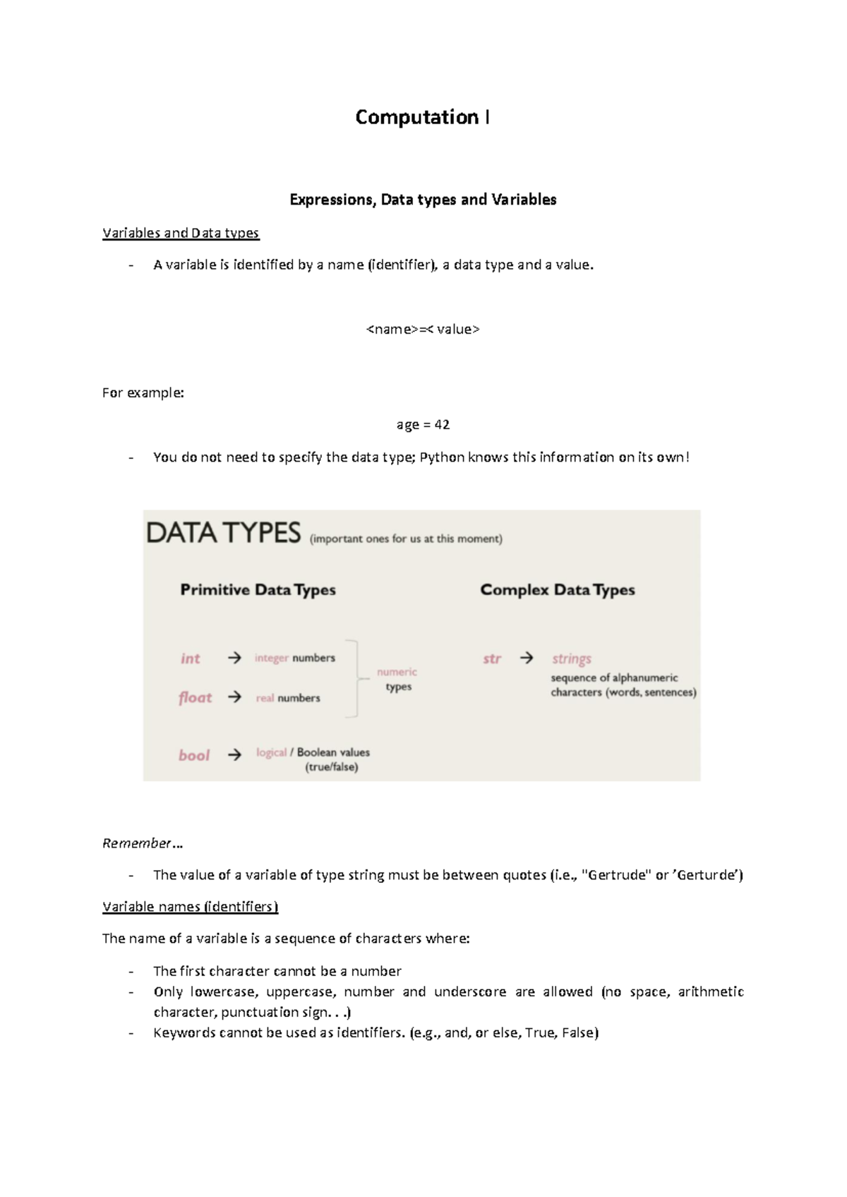 Computation I - Computation I Expressions, Data types and Variables ...