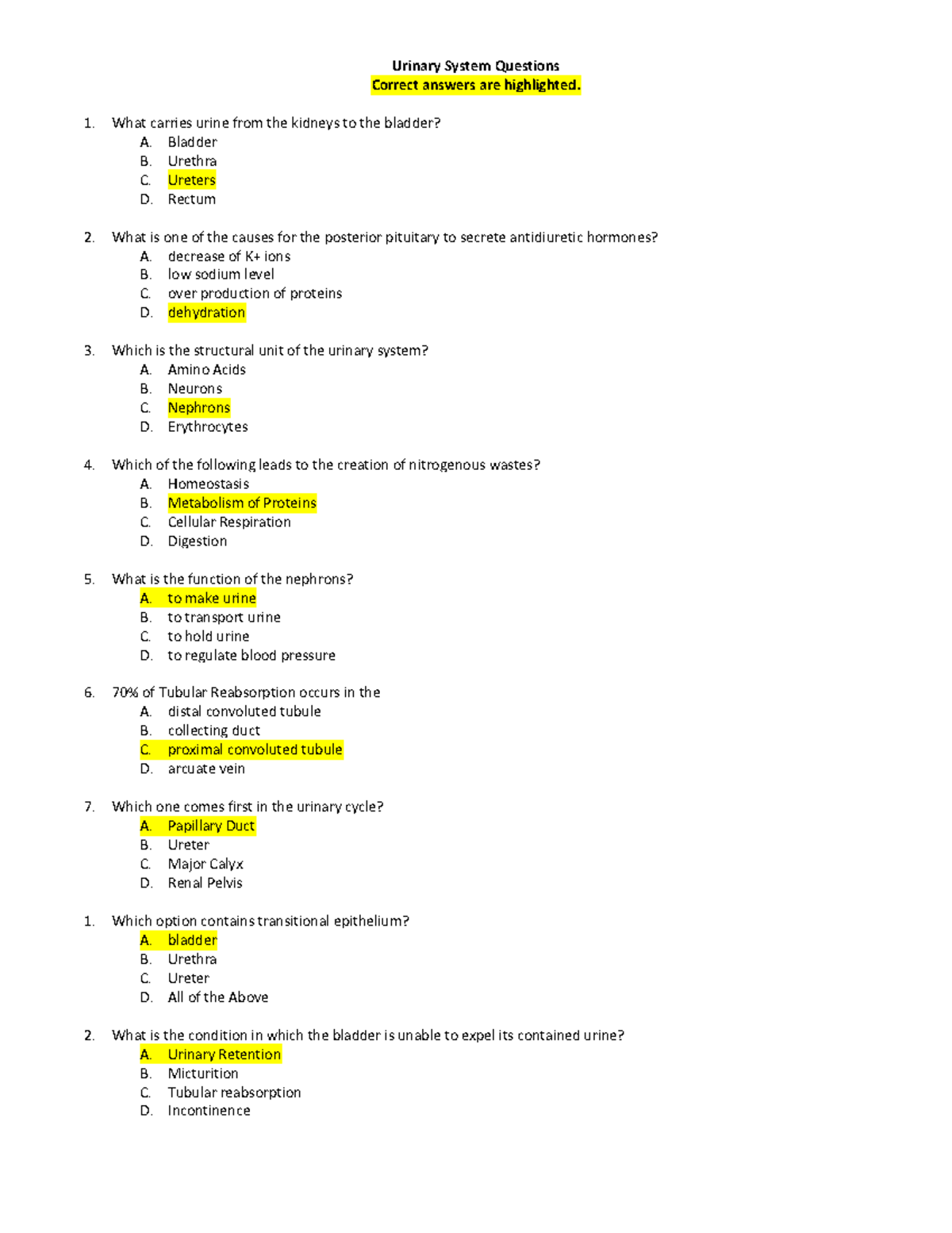 Urinary questions 241001 125152 - Urinary System Questions Correct ...