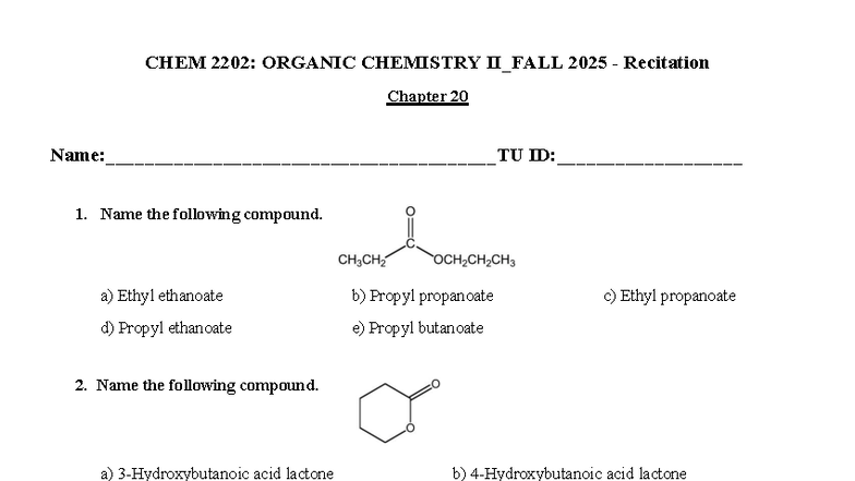 CHEM 2202: Organic Chemistry II - Fall 2025 Recitation Ch 20 Questions - Studocu