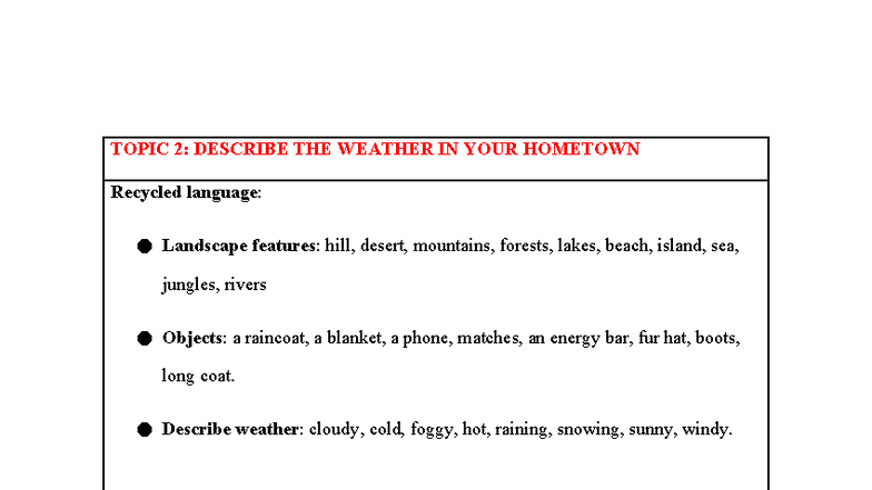Topic 2: Weather Description in My Hometown - Studocu