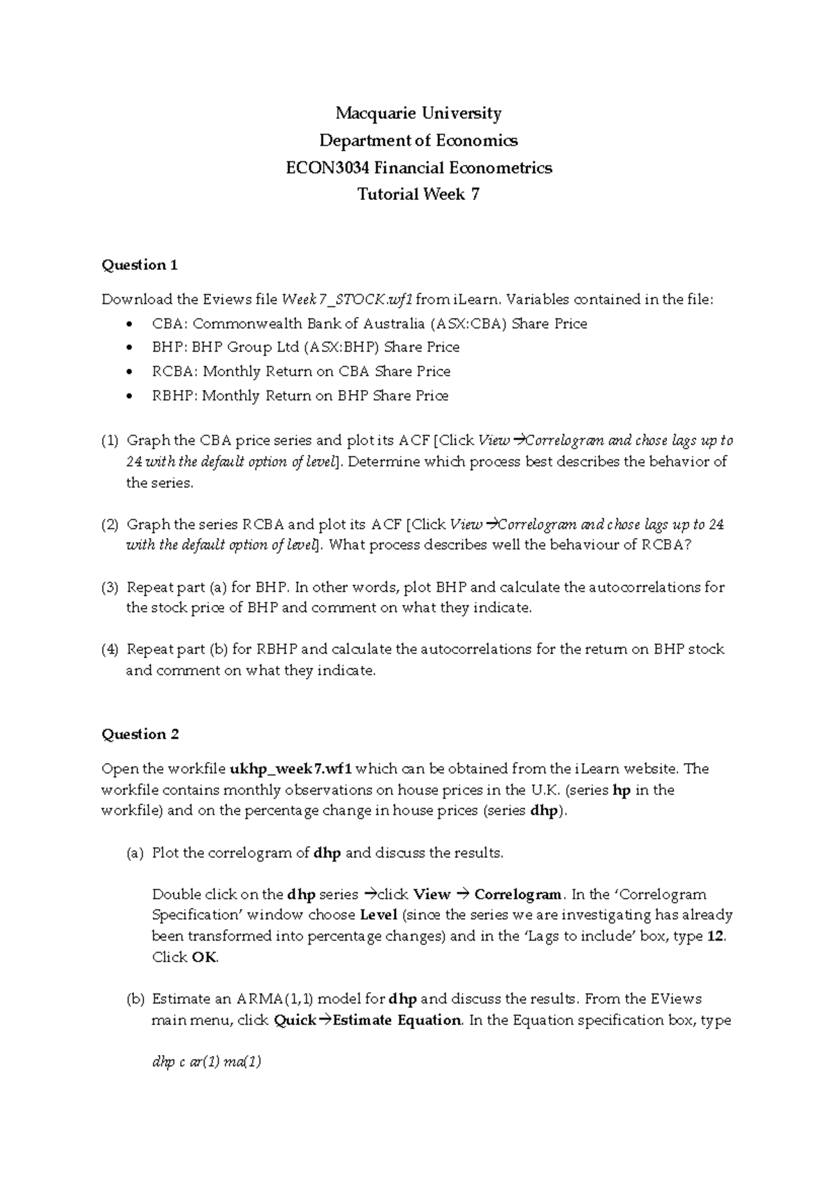 ECON3034 Week 7 Tutorial: Financial Econometrics Analysis - Studocu