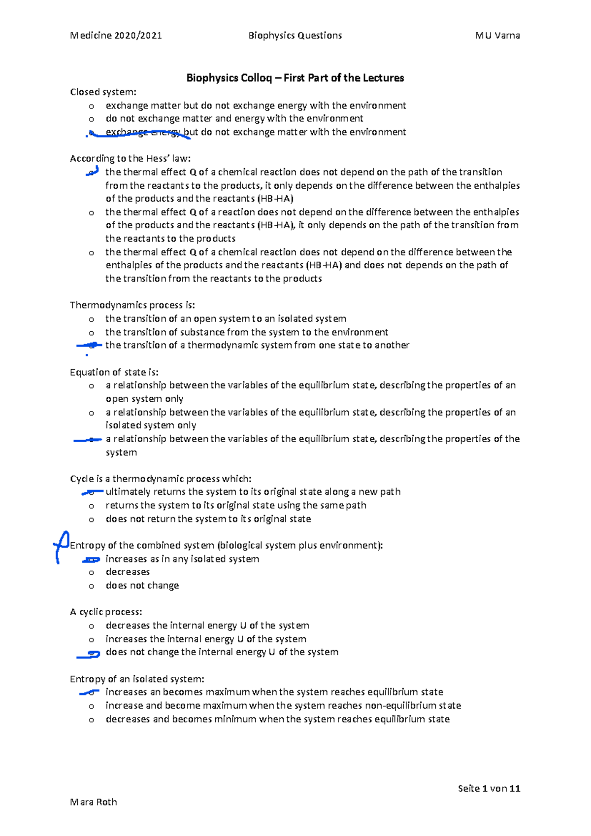 MU Varna Biophysics Q&A Notes for Exam Preparation 2020/2021 - Studocu