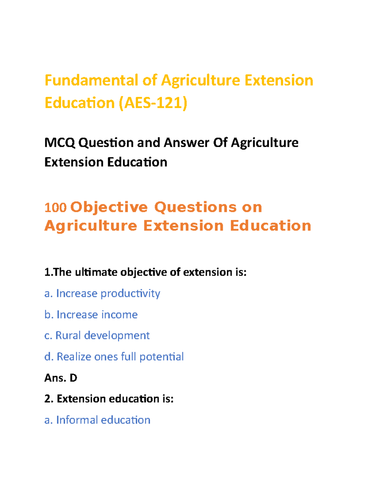 MCQ Q&A on Agriculture Extension Education for AES-121 Final Exam - Studocu