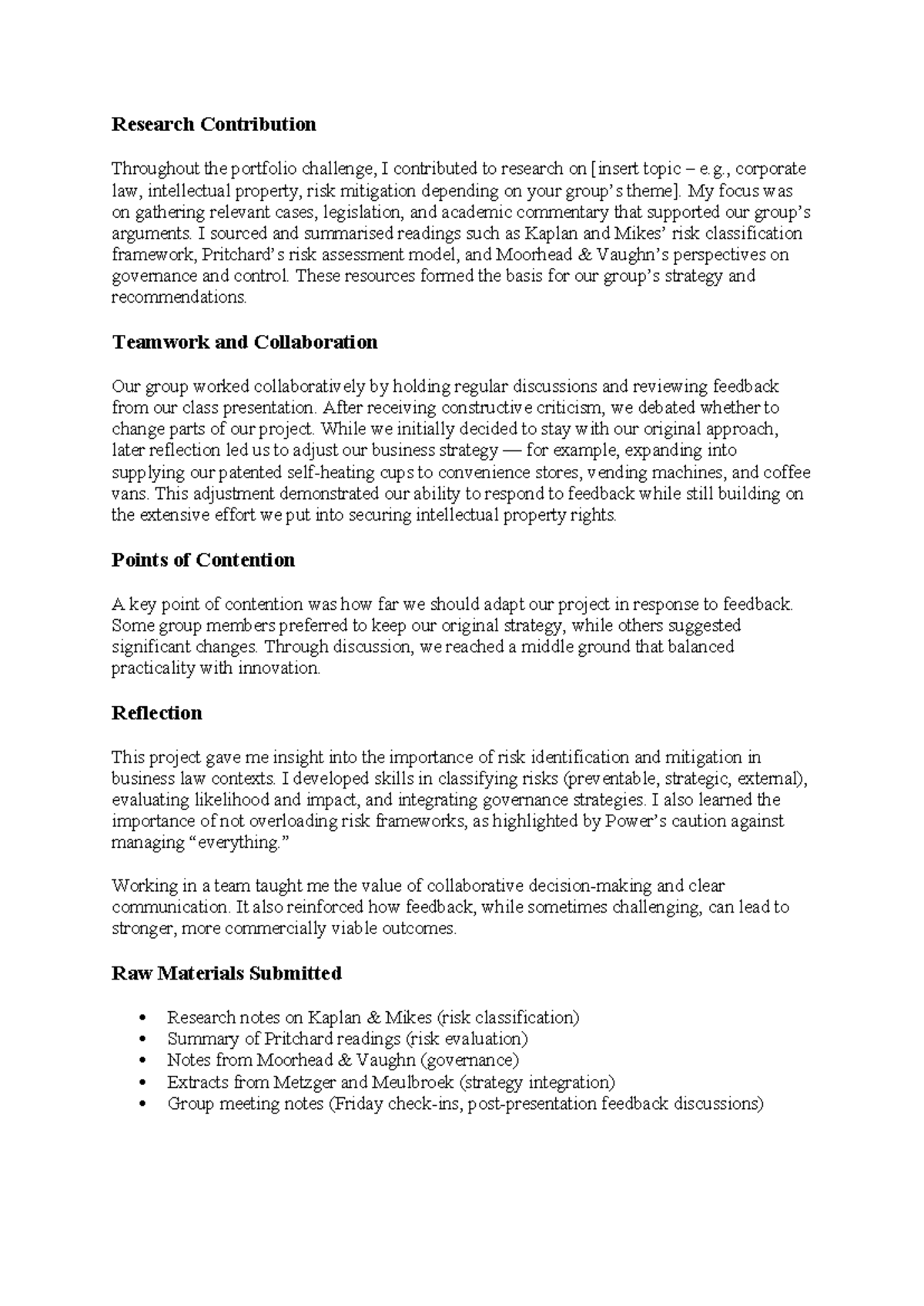 Self Report: Research Contributions in Corporate Law & Risk Mitigation ...