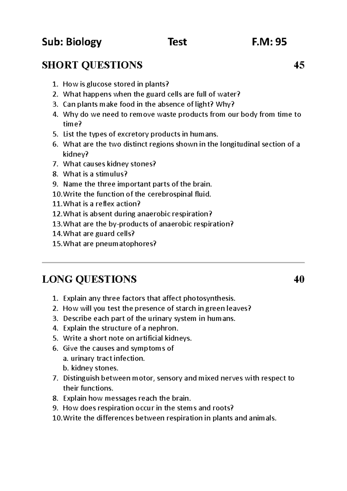 Biology Short Questions & Answers - Test F.M: 95 - Studocu