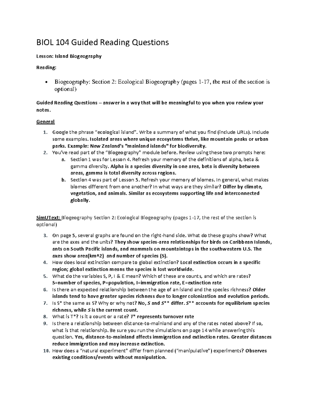 L17 BIOL 104 Guided Reading Questions on Island Biogeography - Studocu
