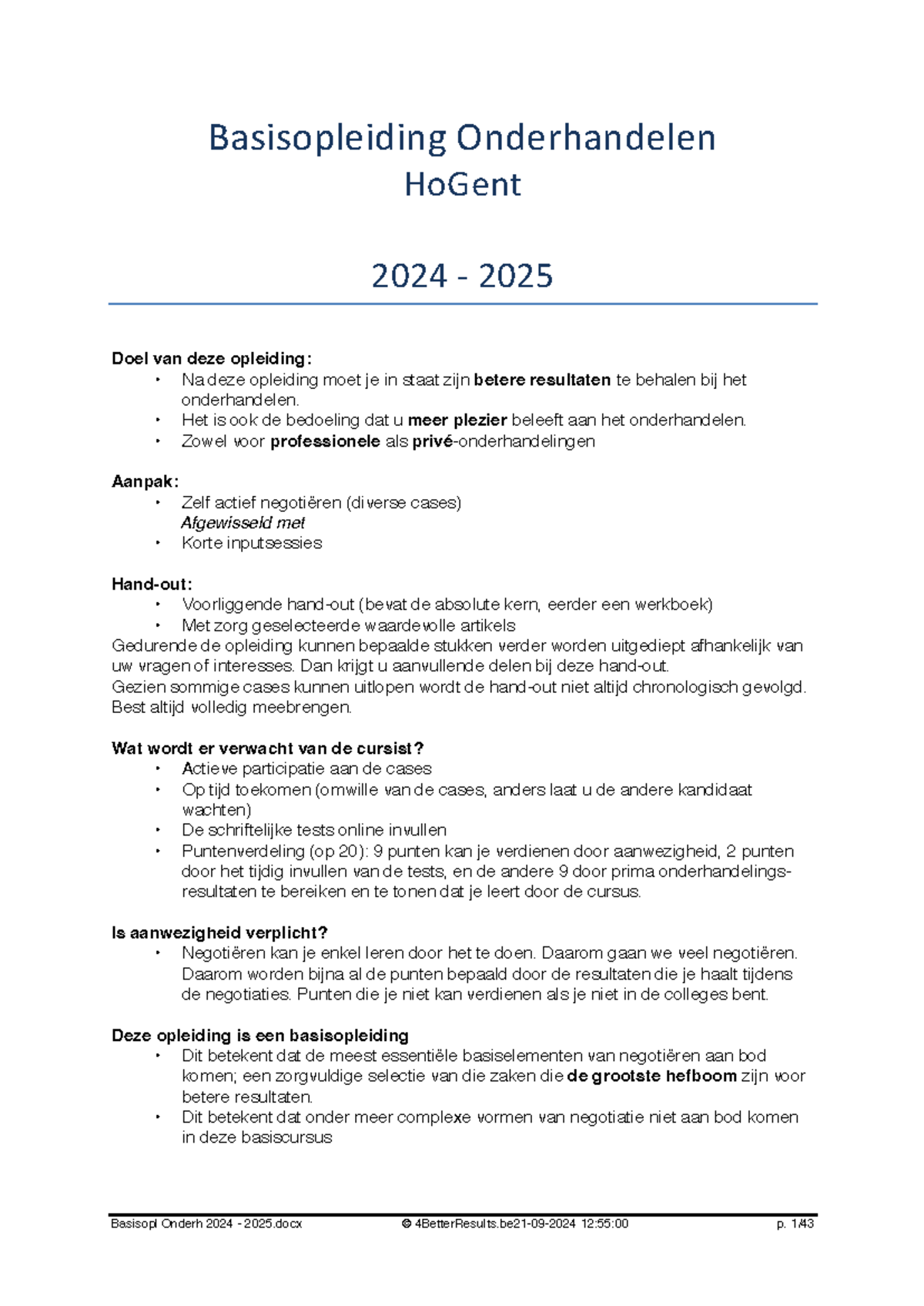 Basisopleiding Onderhandelen HoGent 2024-2025: Kernpunten en Leerdoelen ...