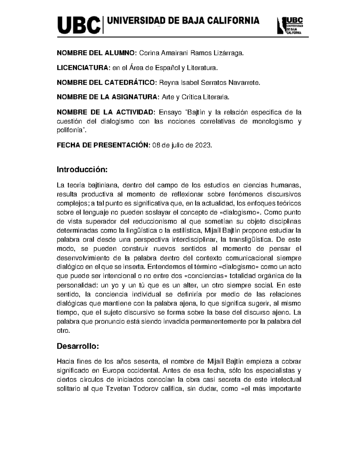 Ensayo arte y crítica literaria (Bajtín) - NOMBRE DEL ALUMNO: Corina ...