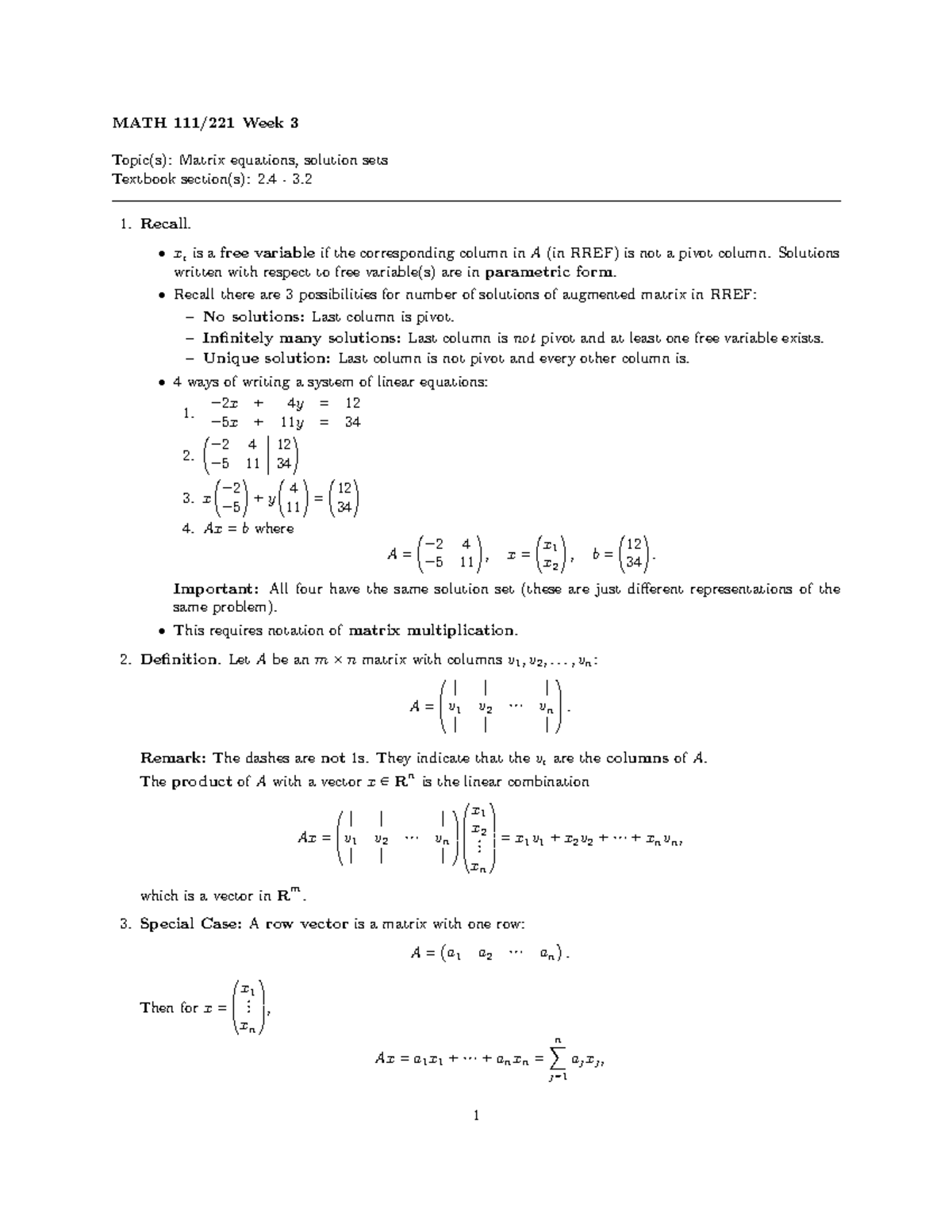 MATH Week 3 Lecture Notes: Matrix Equations & Solutions - Studocu