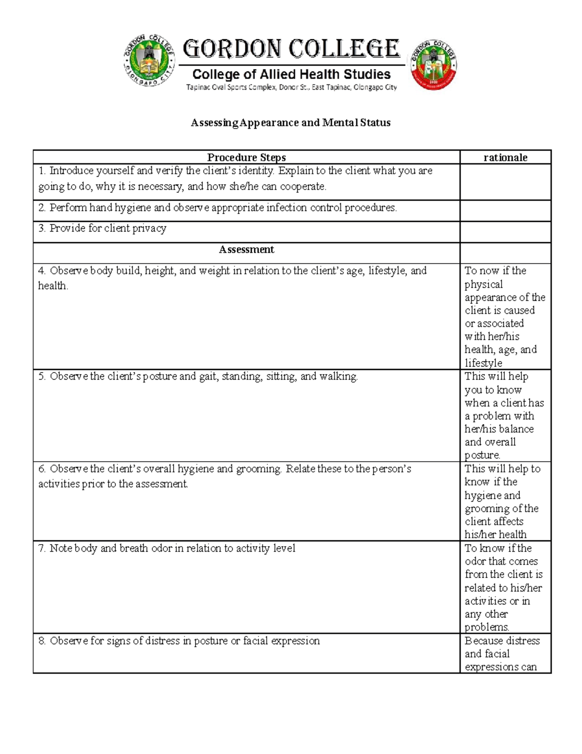 Physical assessment- Checklist (Repaired) - Assessing Appearance and ...