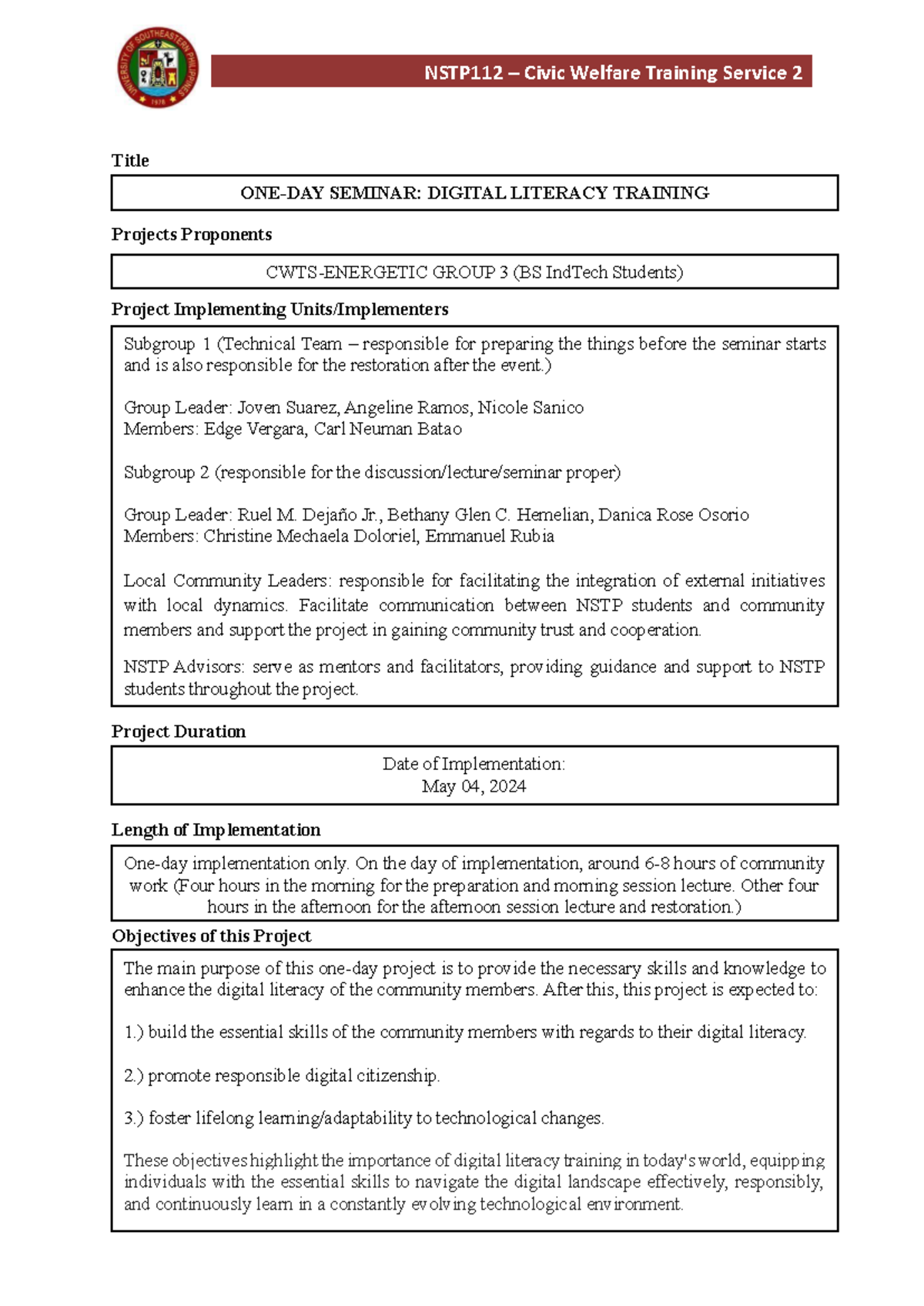 CWTS-Project Proposal: One-Day Digital Literacy Training Seminar - Studocu