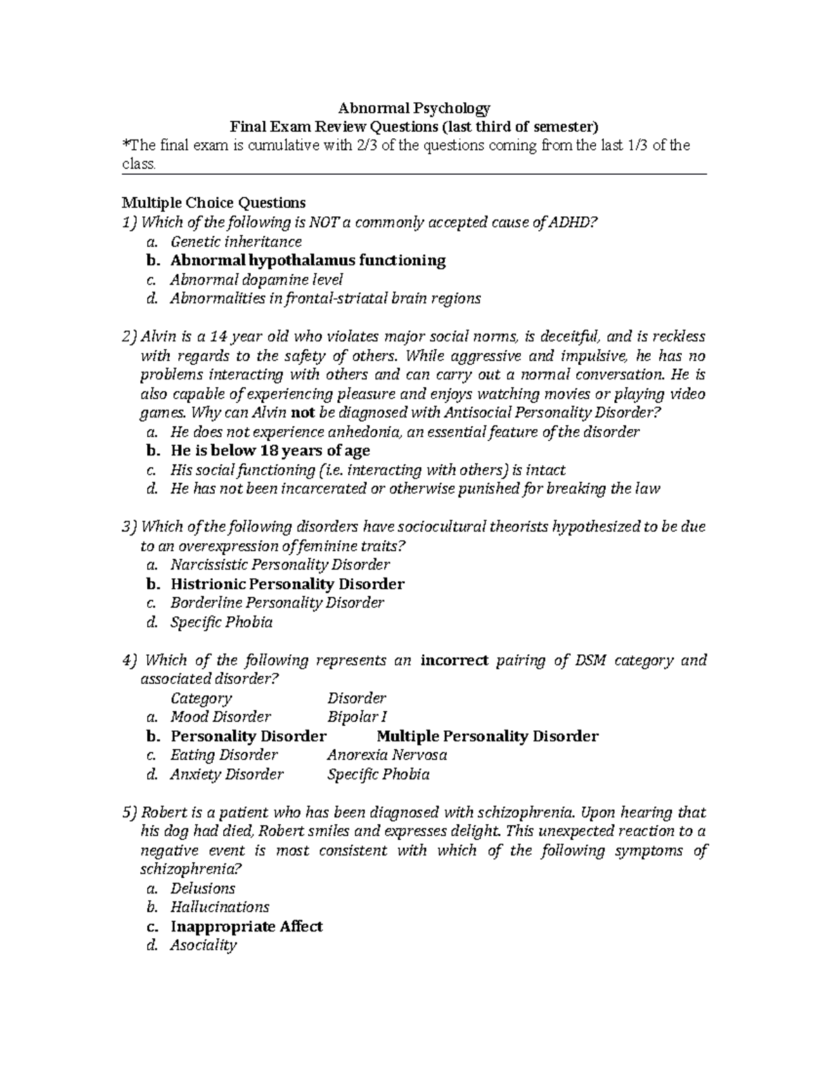 Final Exam Review Questions - Abnormal Psychology Final Exam Review ...