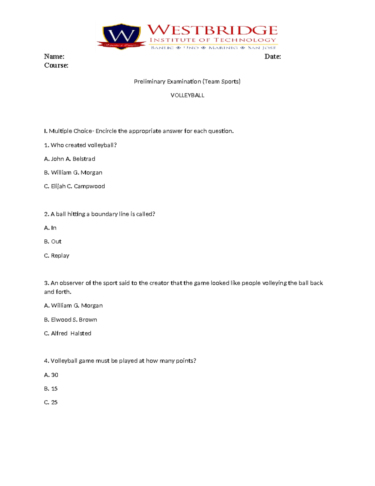 Prelim Exam: Volleyball Questions and Answers Guide - Studocu