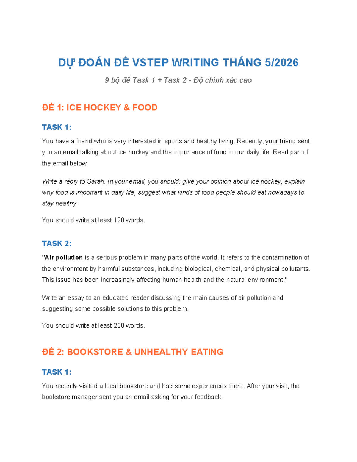 Dự Đoán Đề VSTEP Writing Tháng 9 - T5 2026: Task 1 & Task 2 - Studocu