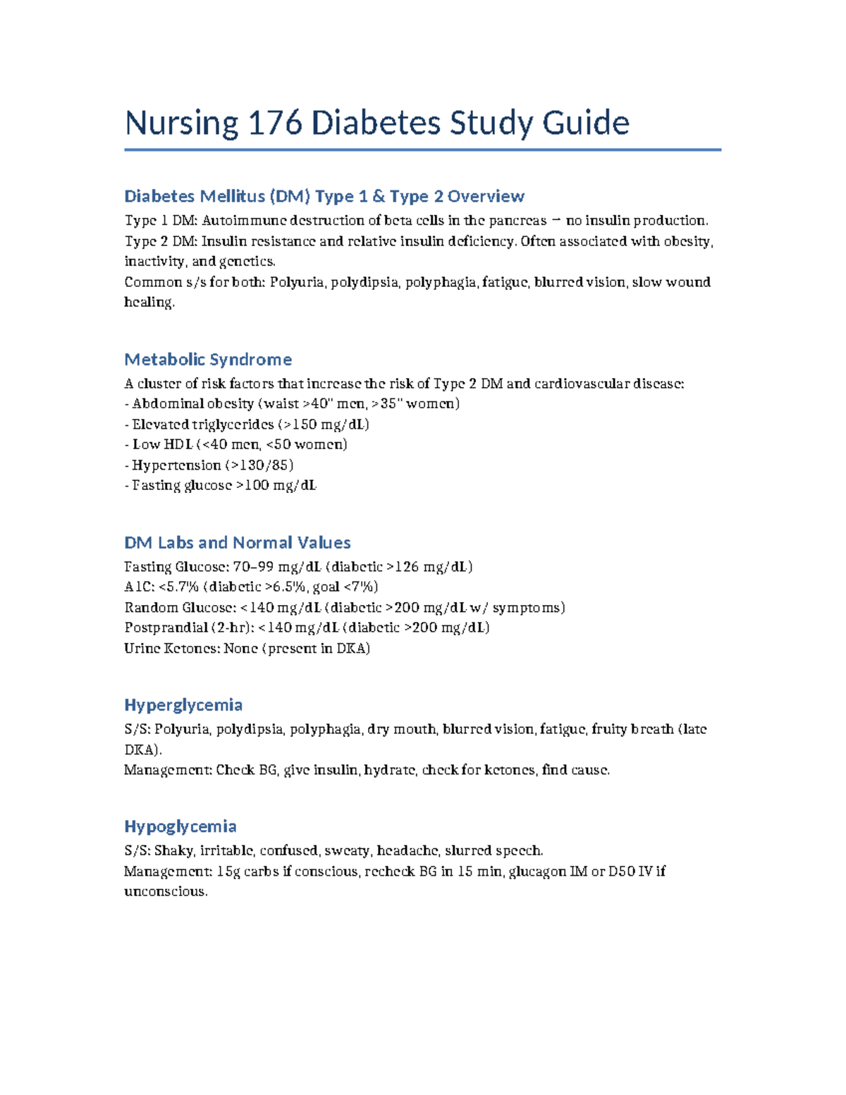 Diabetes Study Guide N176: Overview of Type 1 & Type 2 DM - Studocu