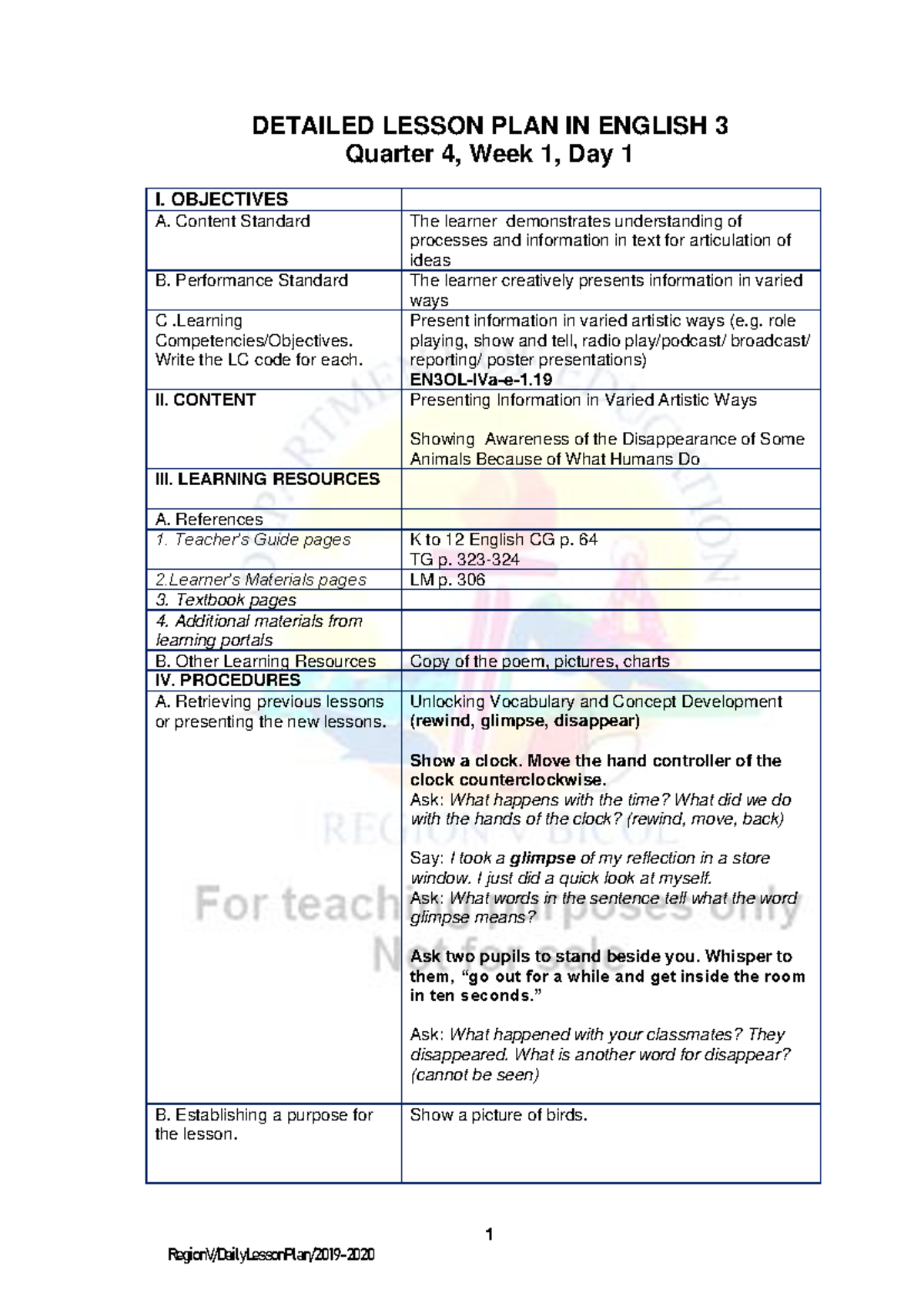 Lesson plan unit 4 week 1 day1-3 - 1 DETAILED LESSON PLAN IN ENGLISH 3 ...
