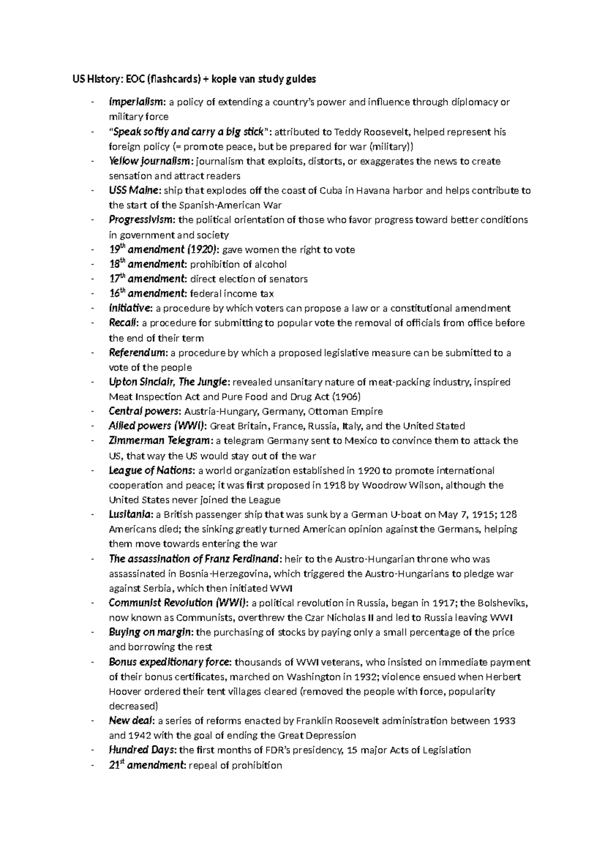 US History EOC: Comprehensive Study Guide for Exam Prep - Studocu