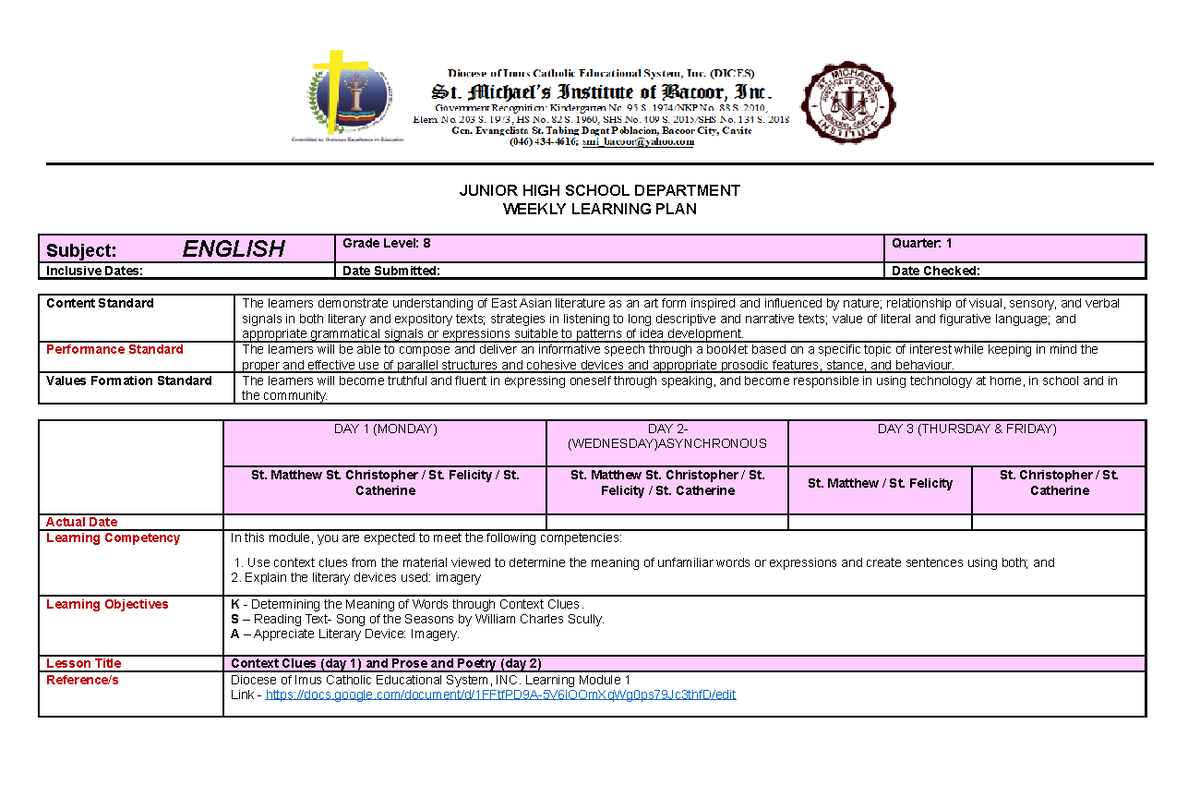 English 8 - Week 1 Learning Plan: Legends, Myths & Proverbs - Studocu