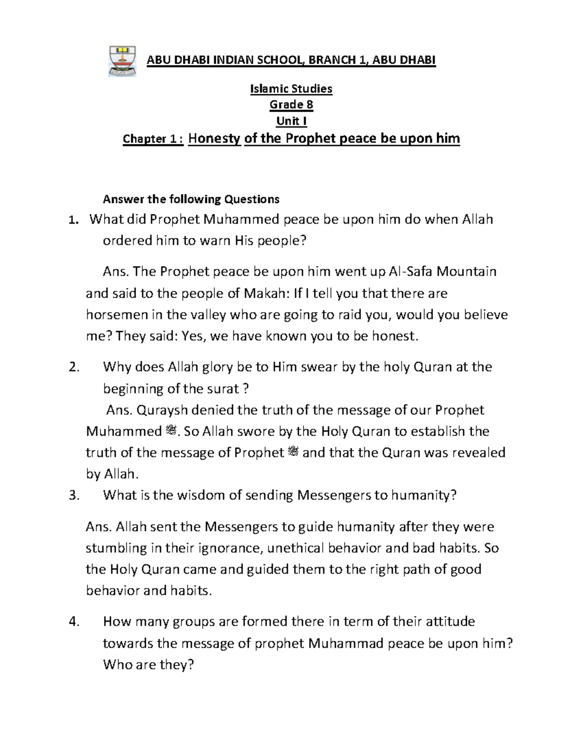 Islamic Studies Grade 8: Unit I Chapter 1 - Honesty of the Prophet ...