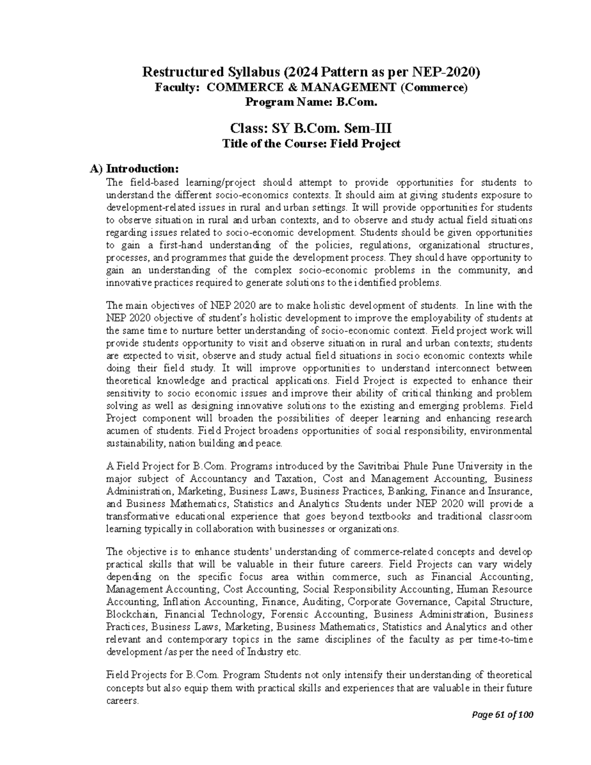 Field Project Guidelines for S.Y. B.Com. (2024 Pattern) - Studocu