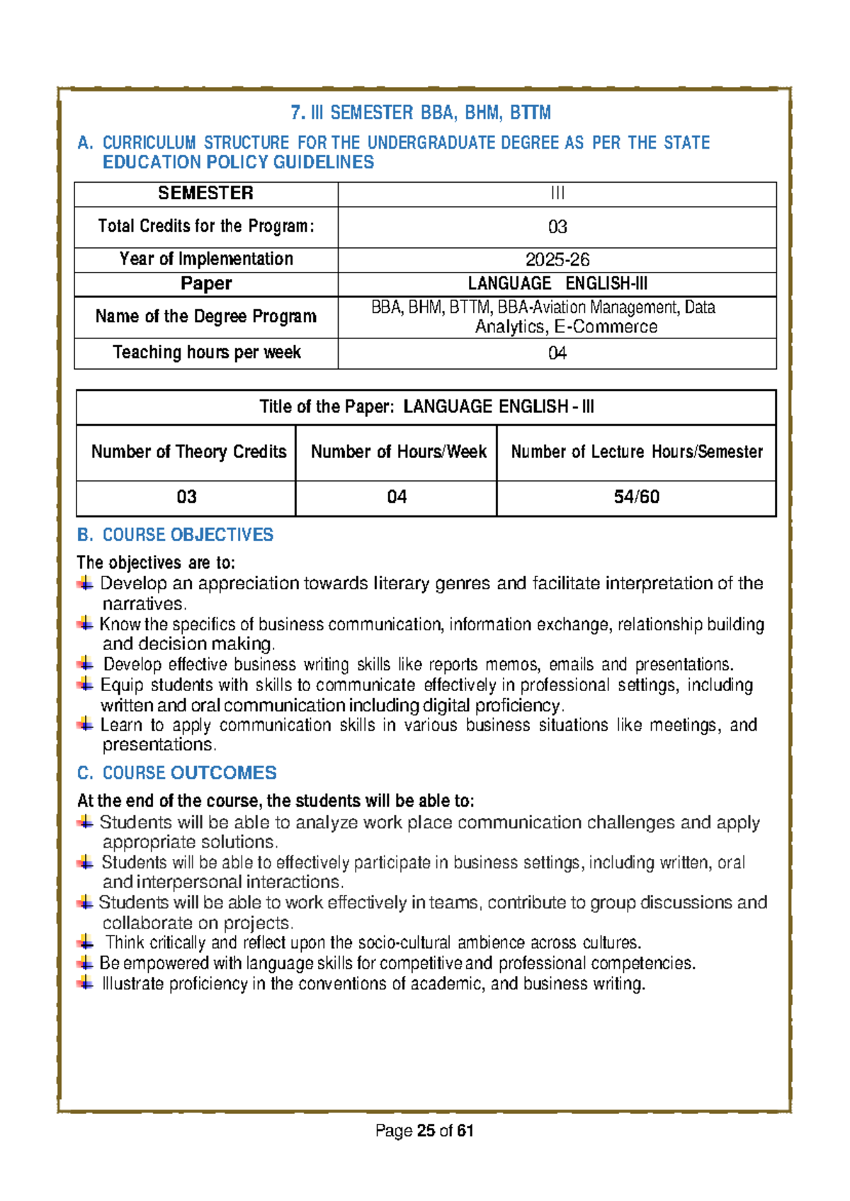 BBA, BHM, BTTM English SEP Syllabus III: Curriculum Structure ...