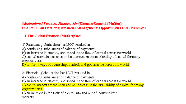 Multinational Business Finance, 15e Chapter 1-9 Study Guide: Financial ...