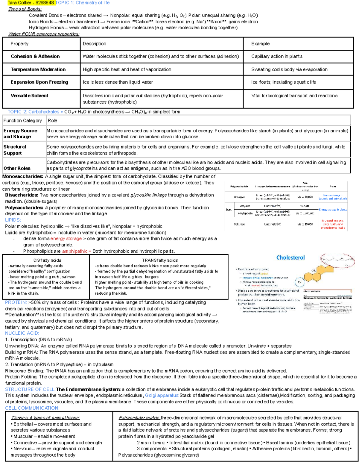 BIOL103 Final Exam Cheat Sheet: Chemistry of Life & Cell Structure ...