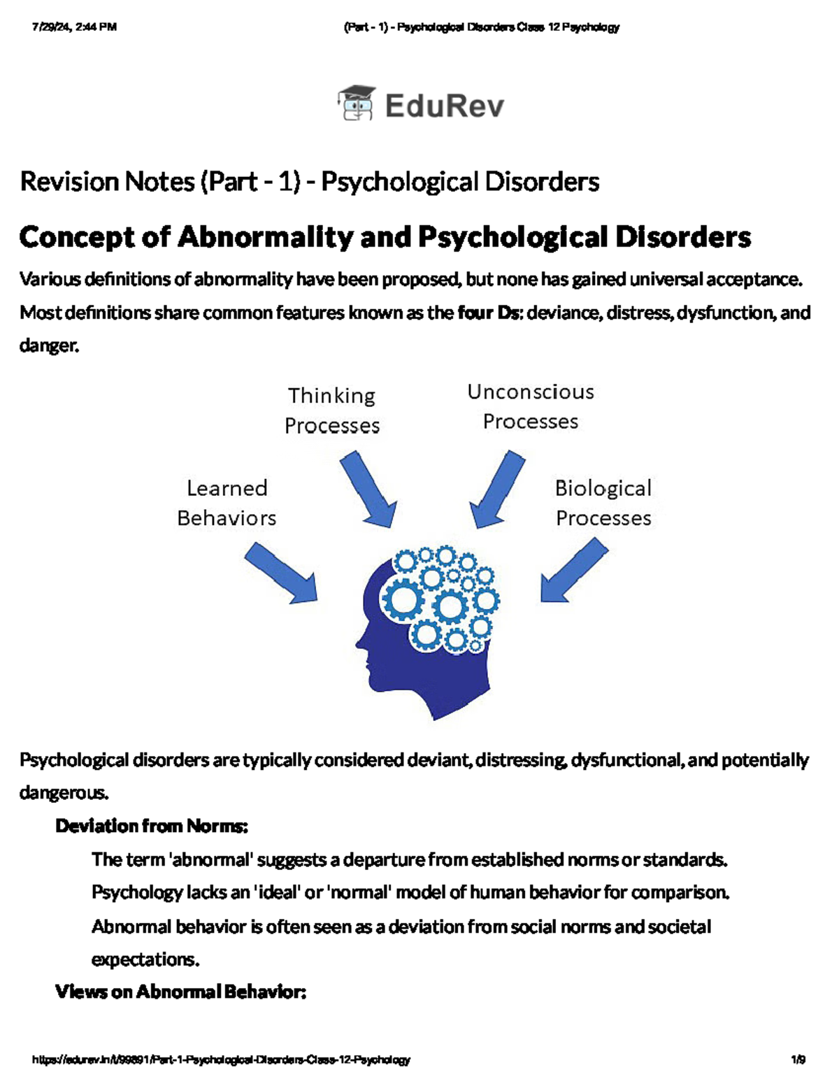 (Part - 1) - Psychological Disorders Class 12 Psychology - - Studocu