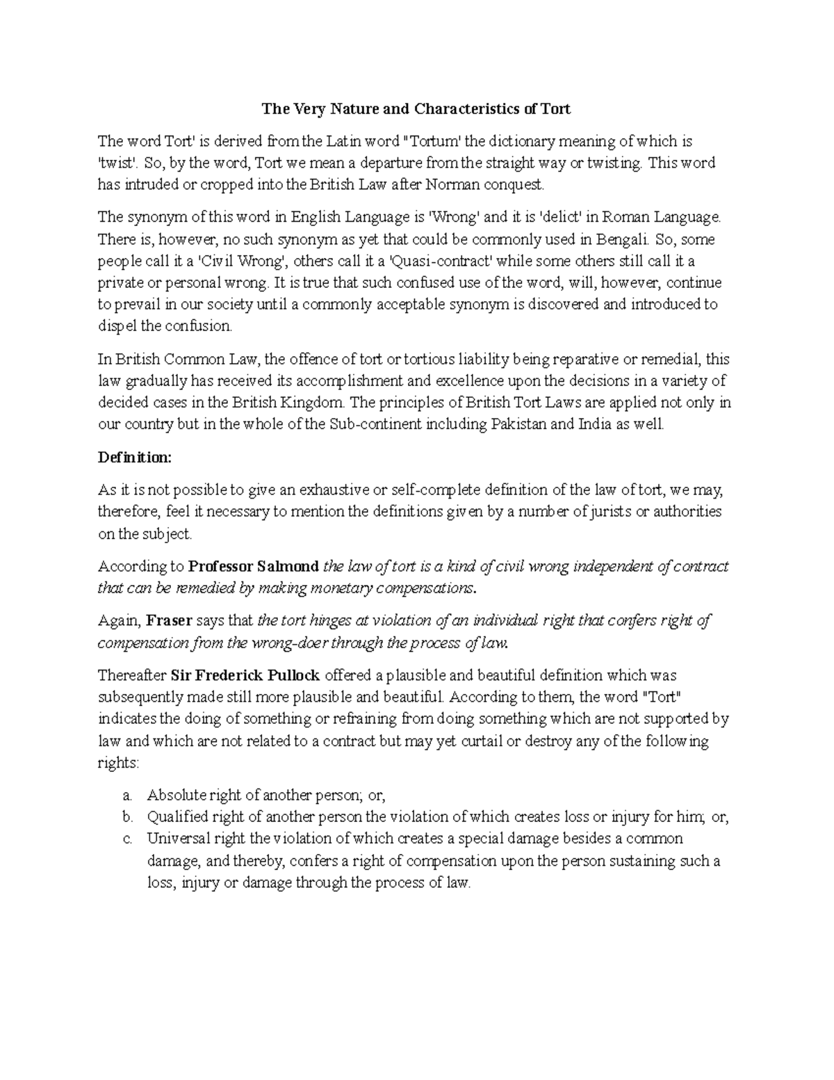 Tort Law Overview: Nature, Characteristics, and Key Principles - Studocu