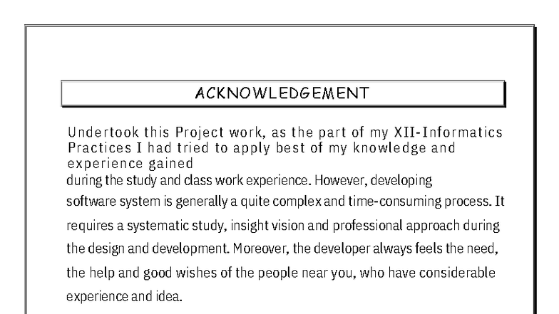 Acknowledgement for Project Work - Class XII G - Studocu