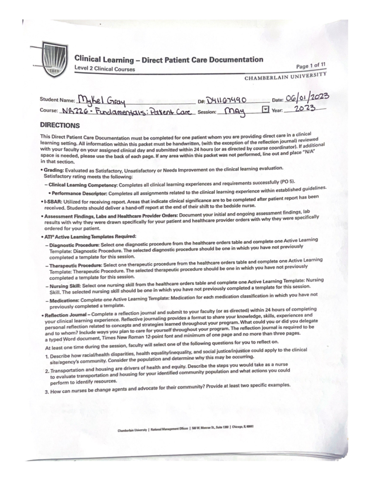 Direct Patient Care Documentation Week 4 - NR-226 - Studocu