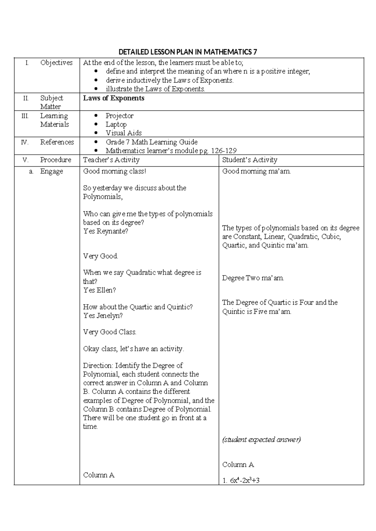 Laws of Exponents Lesson Plan for Mathematics 7 (BSED-III) - Studocu