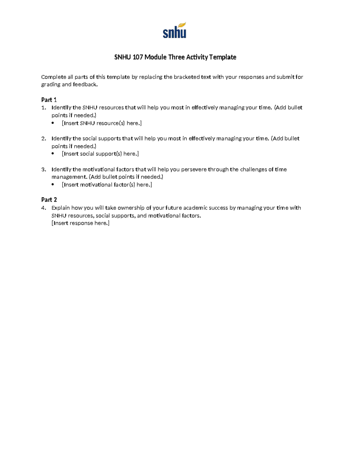 SNHU 107 Module 3 Time Management Activity Template - Studocu