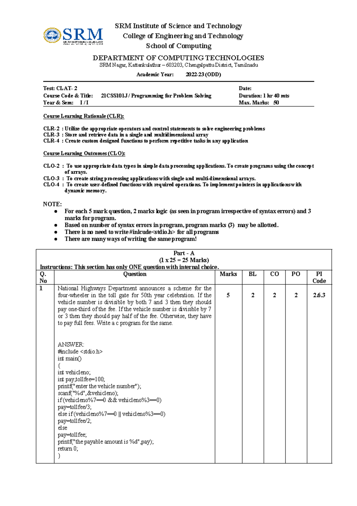 CT-2-2 - Programming for Problem Solving: Test 2 Questions - Studocu