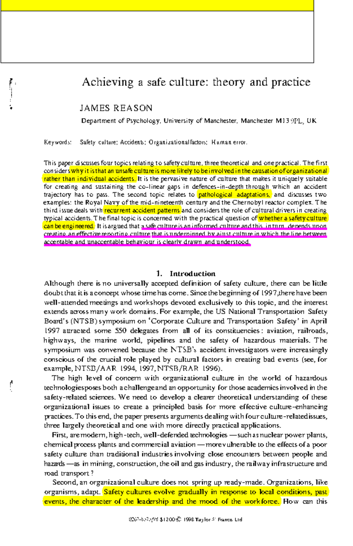 Achieving a Safe Culture: Insights from J. Reason's Work on Safety ...