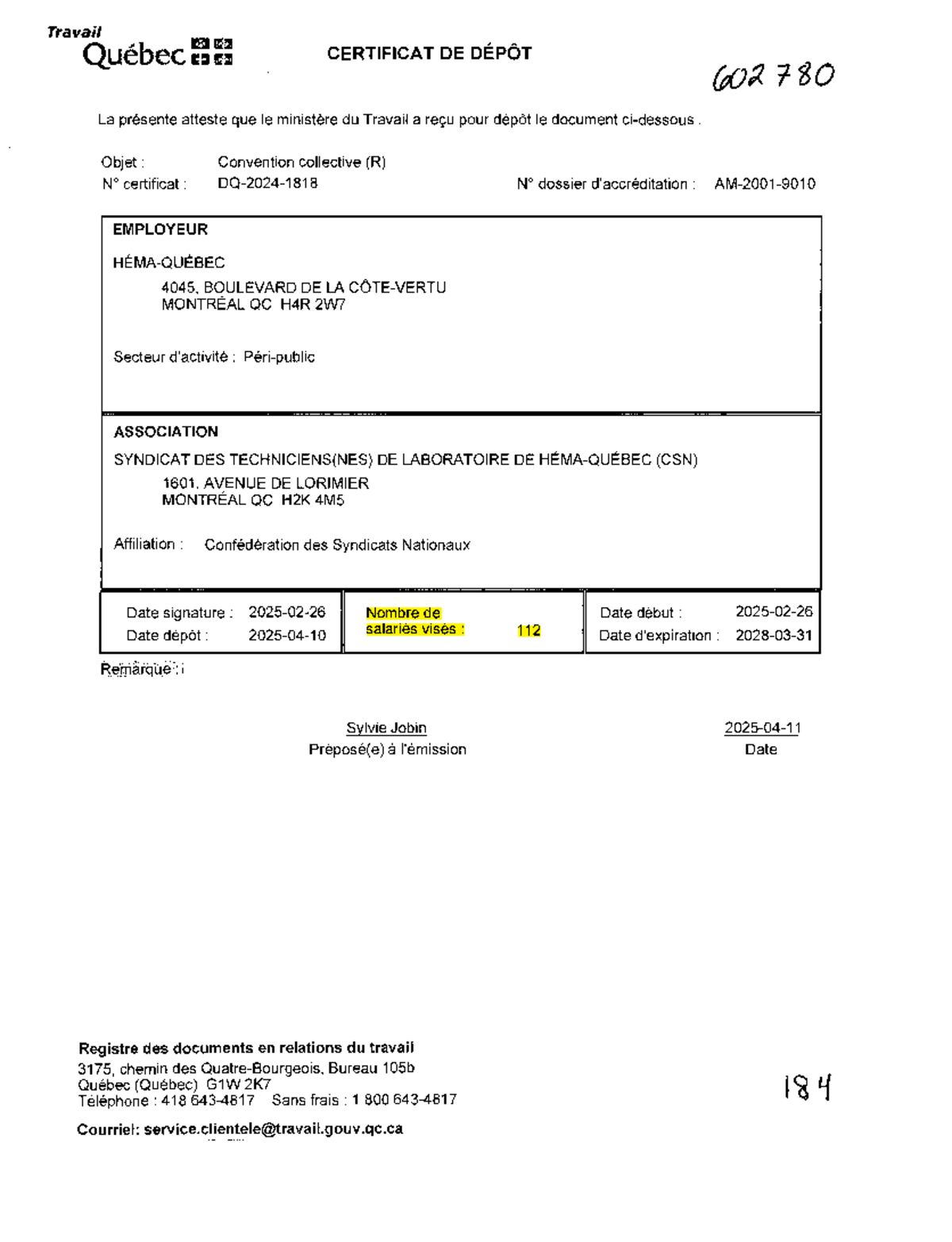 Certificat de Dépôt - Convention Collective C3 - Héma-Québec - Studocu